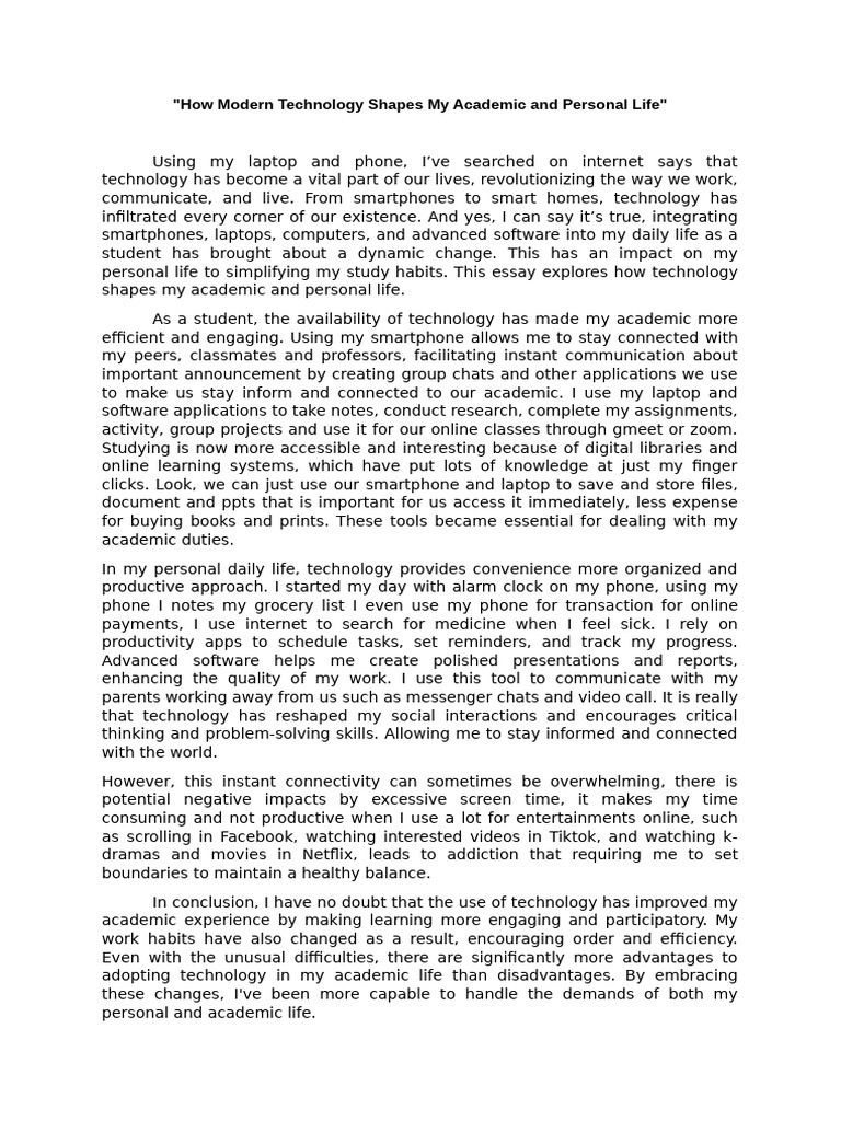 How Modern Technology Shapes My Academic and Personal Life | PDF ...