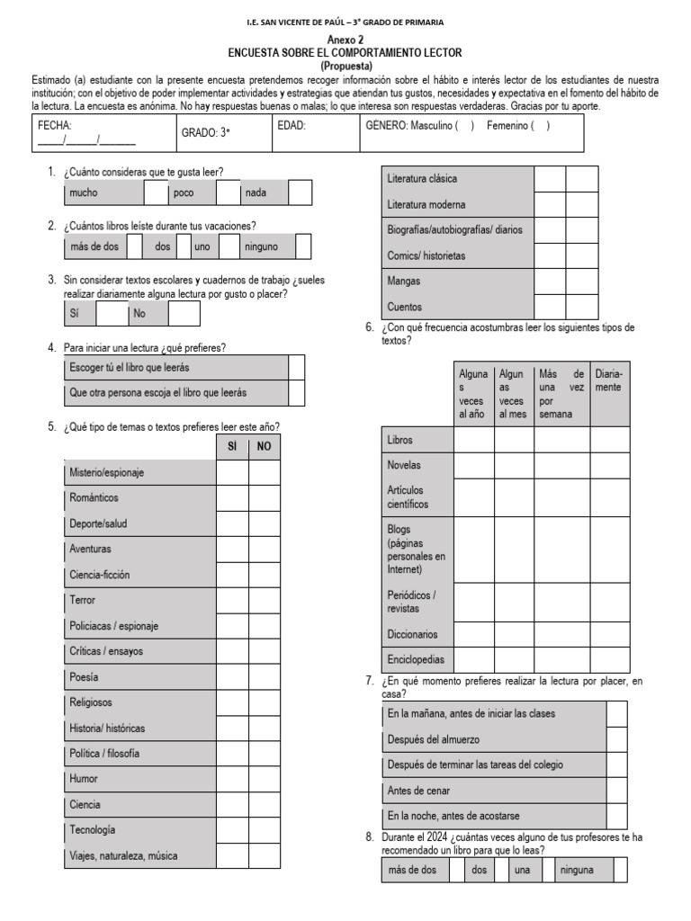 Encuesta de Hábitos de Lectura 3° Grado | PDF | Salón de clases | Internet