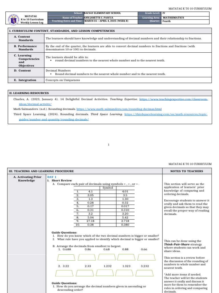 DLL MATATAG _MATH 4 Q4 W8 | PDF | Curriculum | Numbers