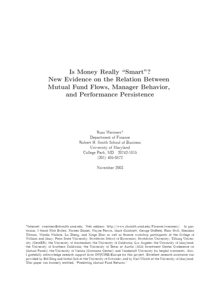Is Money Really Smart New Evidence on the Relation Between Mutual Fund ...
