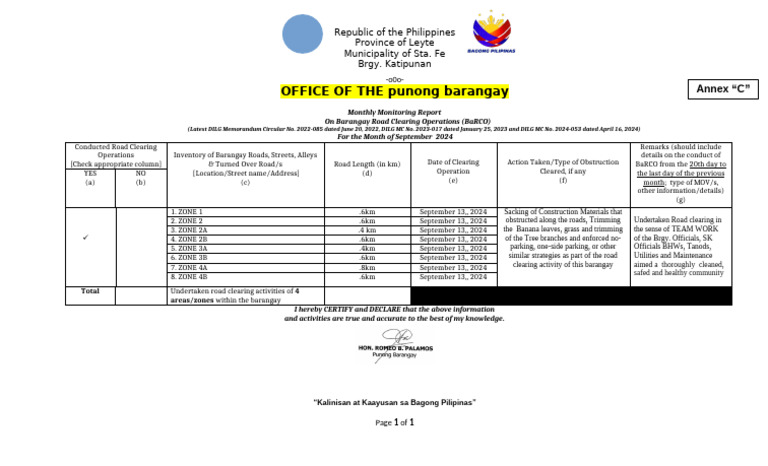 Barangay Road Clearing Report September 2024 | PDF