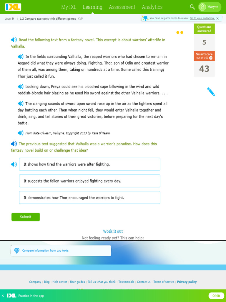 IXL Compare Two Texts With Different Genres Level H Language Arts | PDF ...