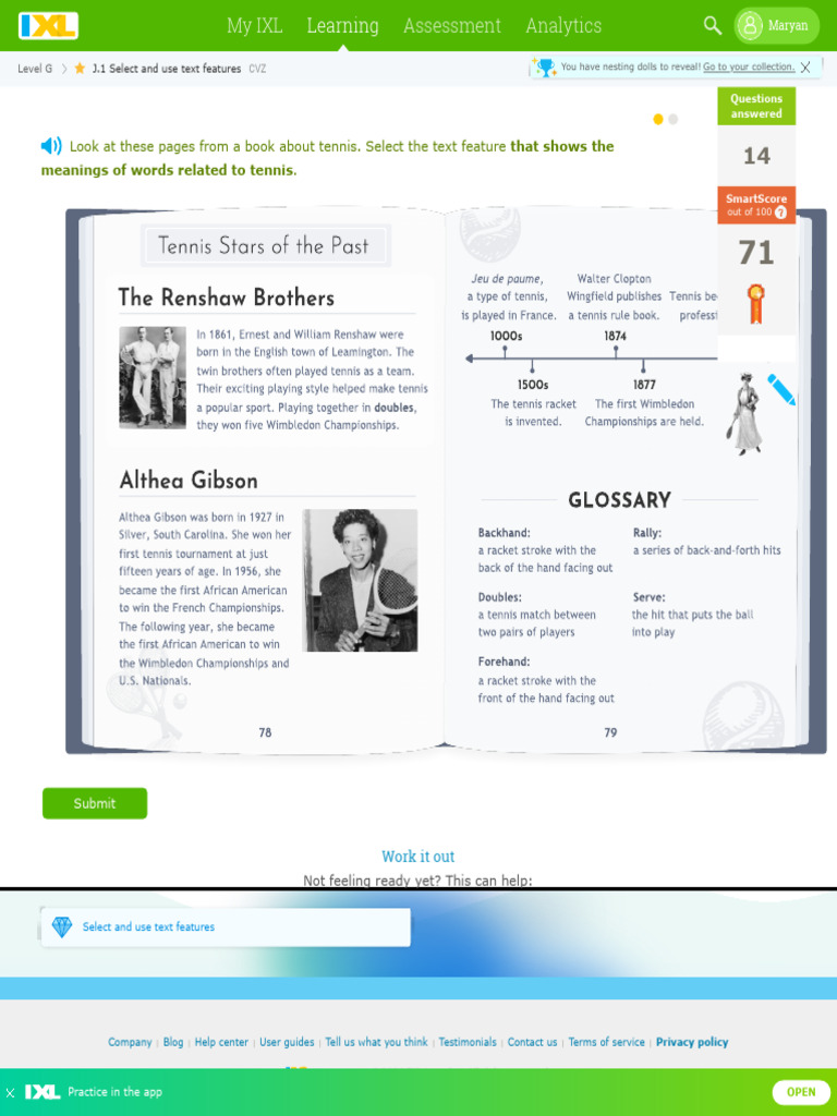 IXL Select and Use Text Features Level G Language Arts | PDF