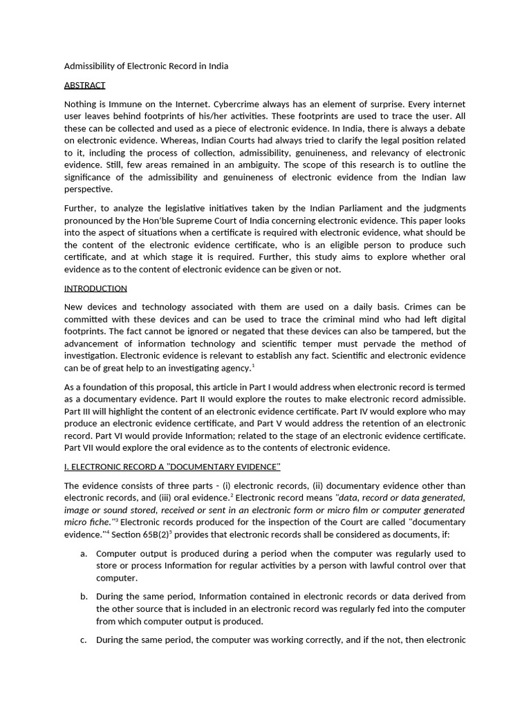 Admissibility of Electronic Record in India | PDF | Evidence | Information