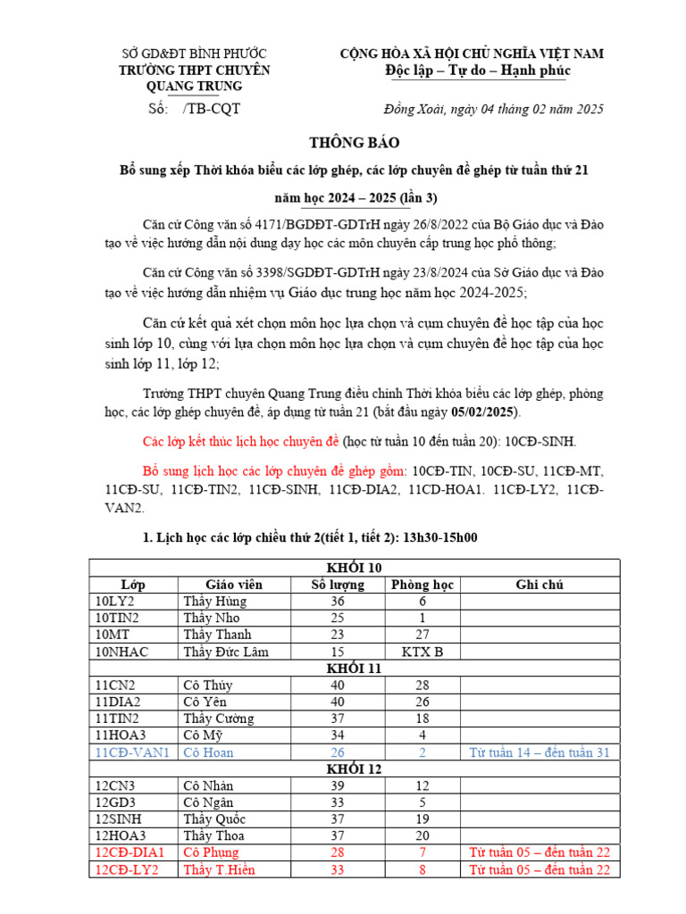 CQT-Thong Bao Dieu Chinh Xep TKB Lop Ghep-chuyen de Nam Hoc 24-25-Lan3 | PDF