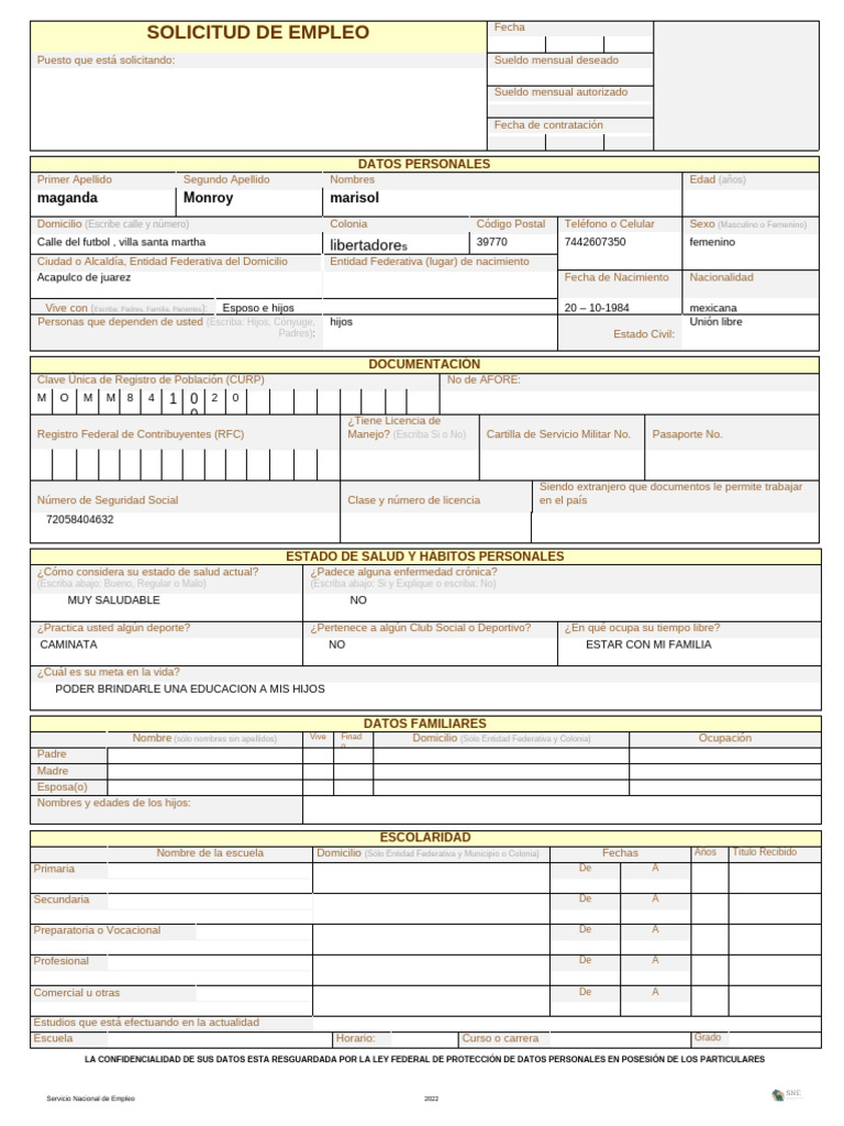 Sne Solicitud de Empleo Plantilla WD | PDF