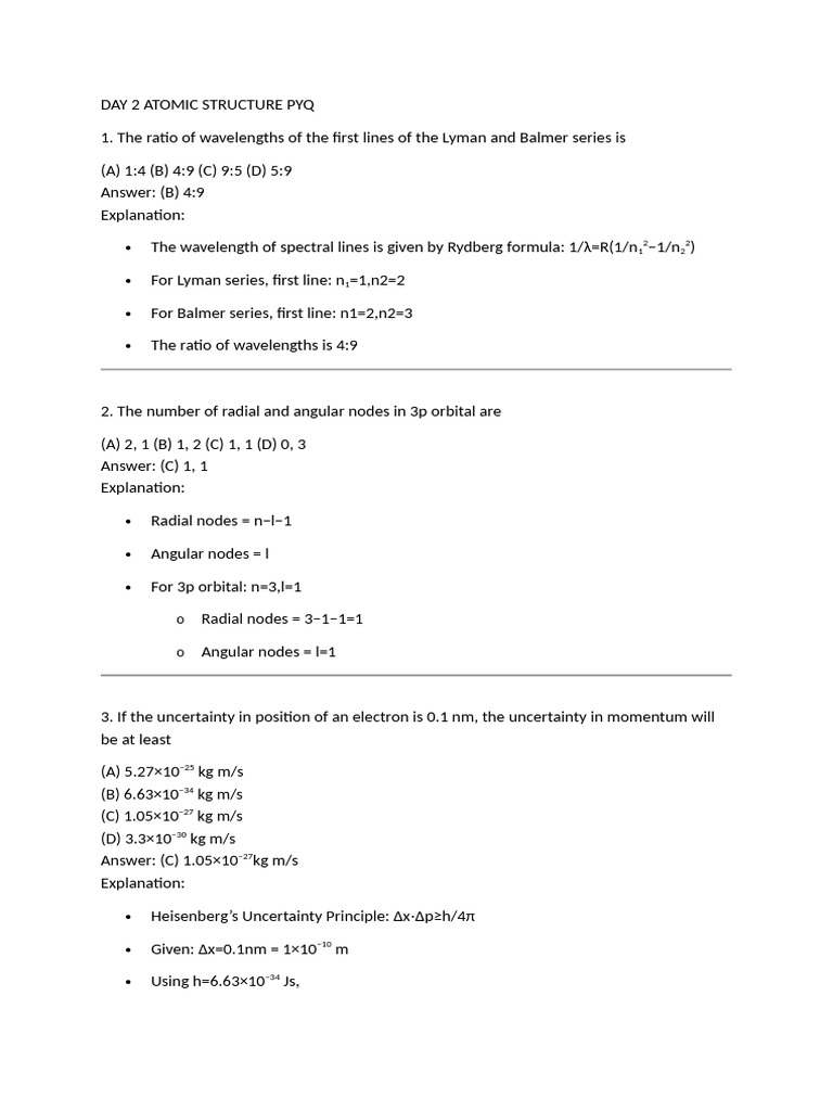 Day 2 Atomic Structure Pyq | PDF | Atomic Orbital | Spin (Physics)