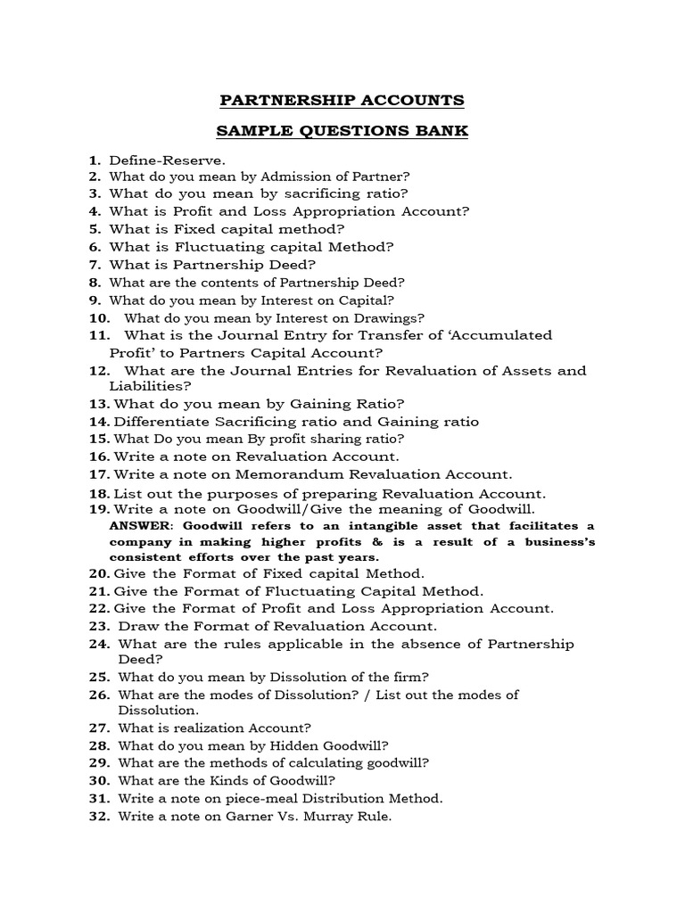 PARTNERSHIP ACCOUNTS Question Bank (MODEL) | PDF