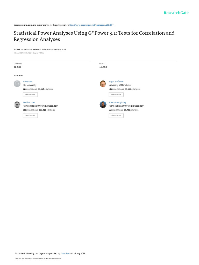 Statistical Power Analyses Using GPower 3.1 Tests For Correlation and ...