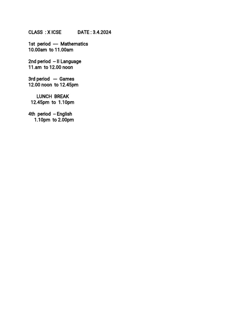 X Icse Time Table | PDF