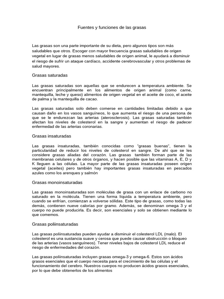 Fuentes y funciones de las grasas en la dieta | PDF | gordo | Grasa ...