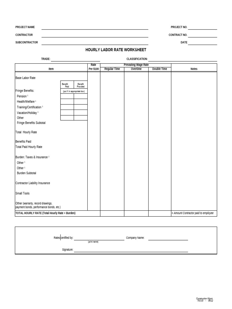 Hourly Labor Rate Worksheet Template | PDF
