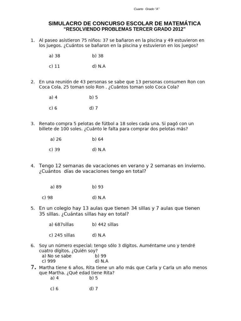 Simulacro Matemáticas 4° Grado 2012 | PDF