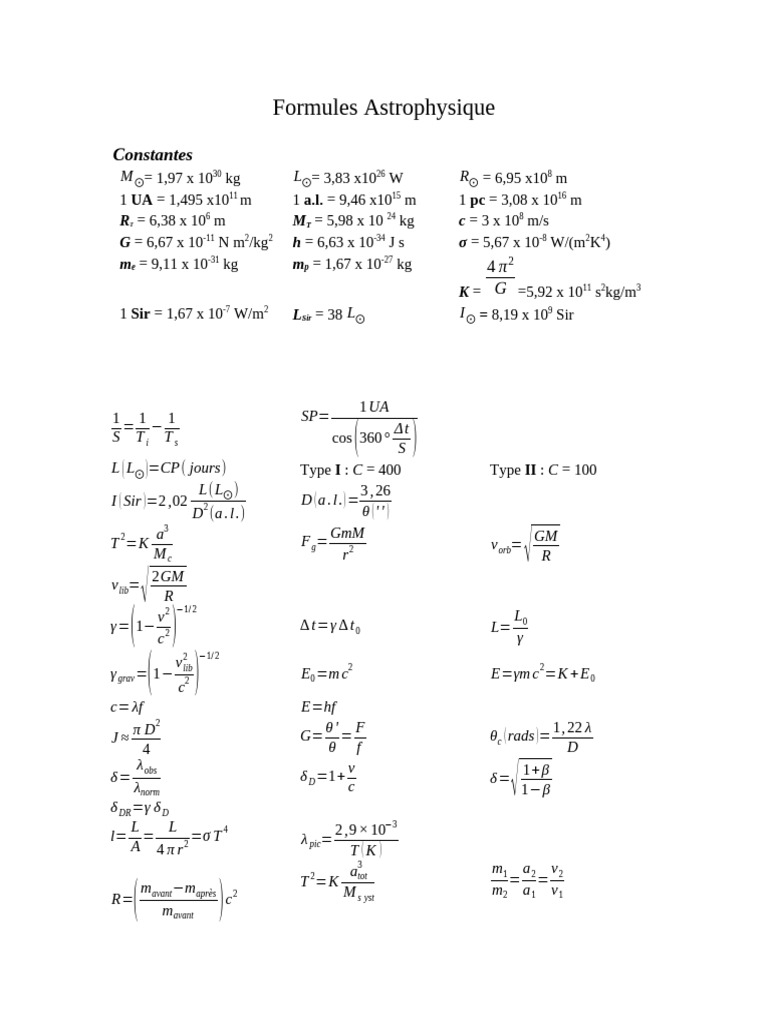 Formules et Constantes en Astrophysique | PDF