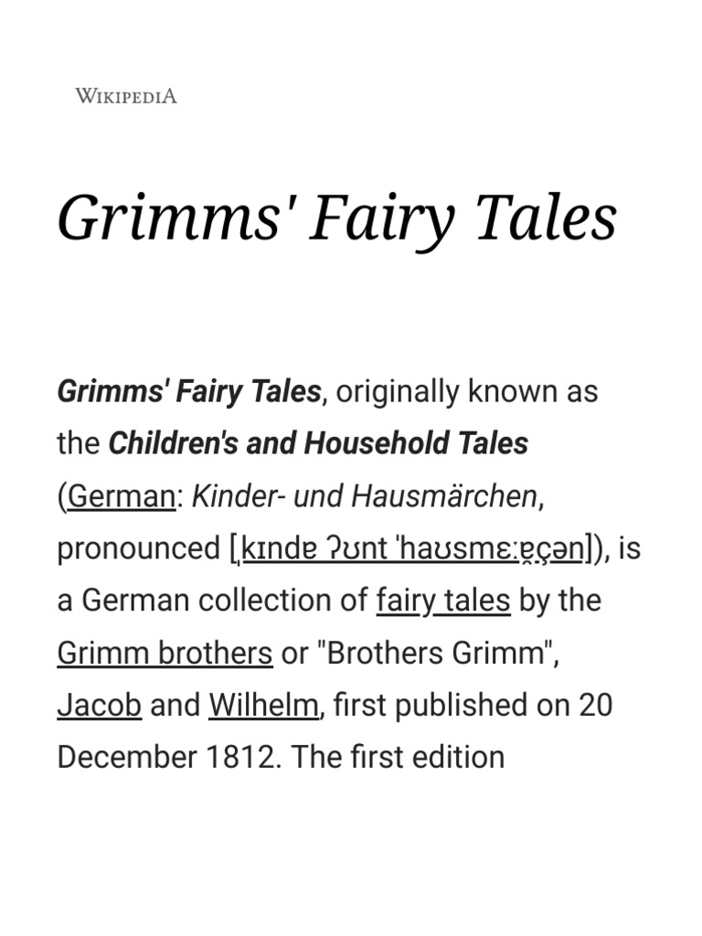 Grimms' Fairy Tales - Wikipedia | PDF | German Folklore | Fairy Tales