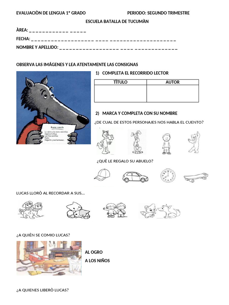Evaluación de Lengua 1º Grado | PDF