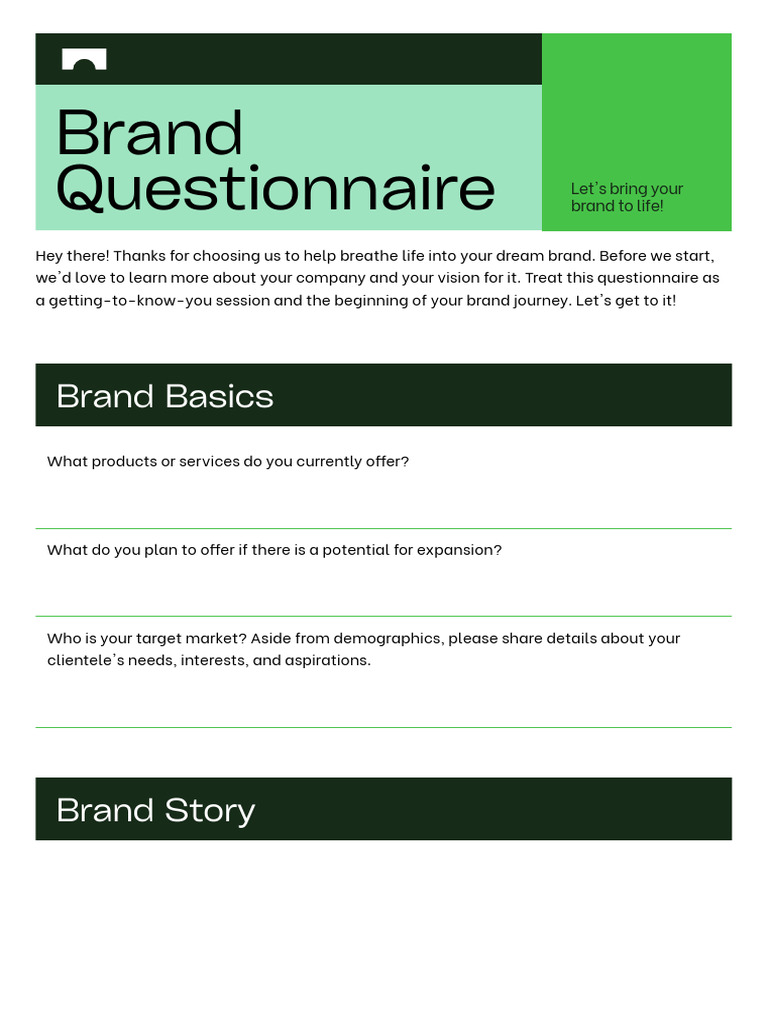 Brand Questionnaire Professional Doc in Dark Green Black and White Bold ...
