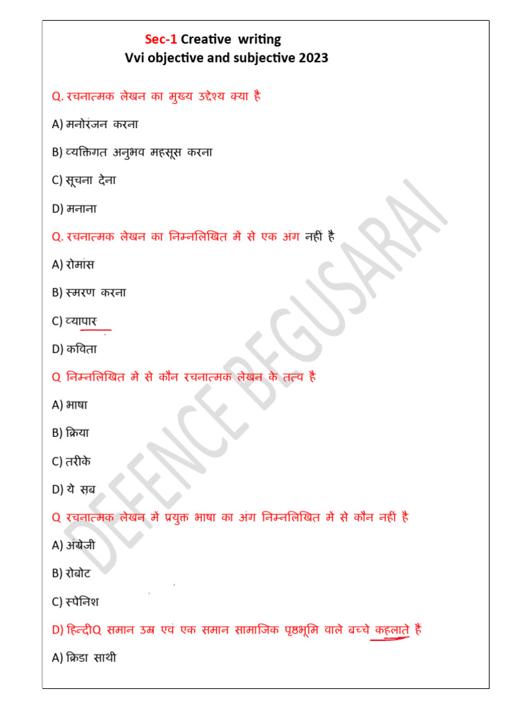 Creative Writing Unit-1 VVI Objective Subjective | PDF