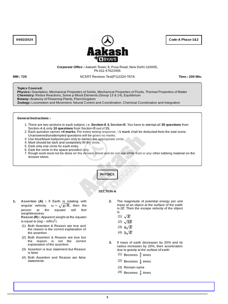 NRT 7 CODE A Viju OYM QUE @CET - JEE - NEET | PDF | Liquids | Pressure