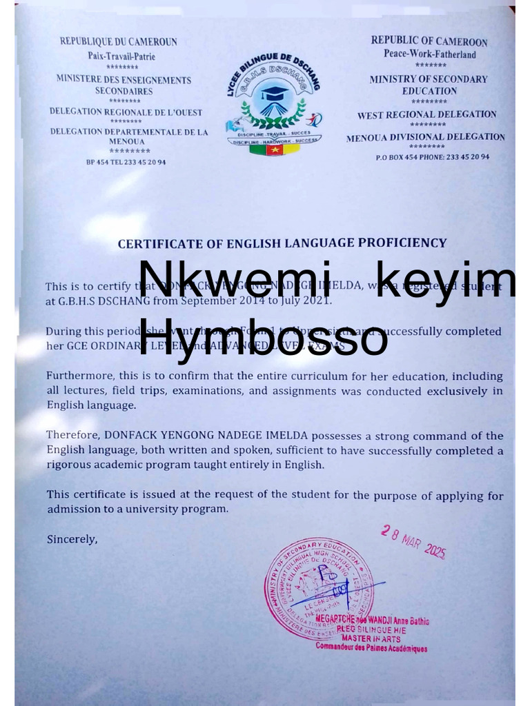 Certificate of English Language Proficiency | PDF
