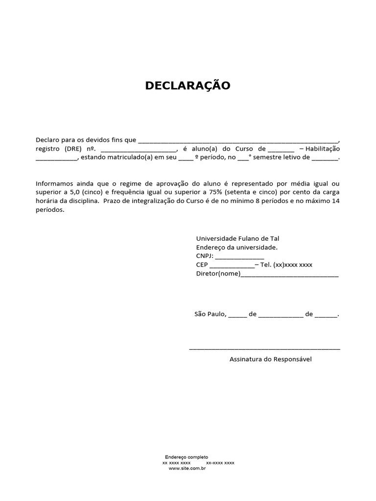 Modelo de Declaração Escolar Cursando Faculdade | PDF