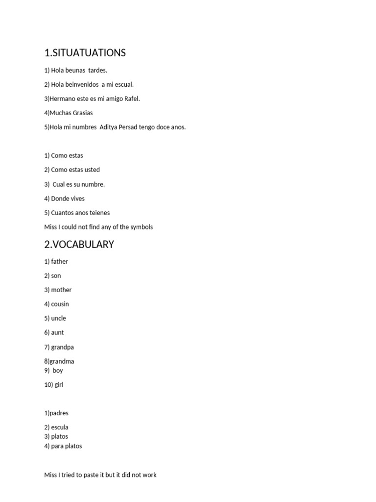Examen de vocabulario y situaciones básicas | PDF