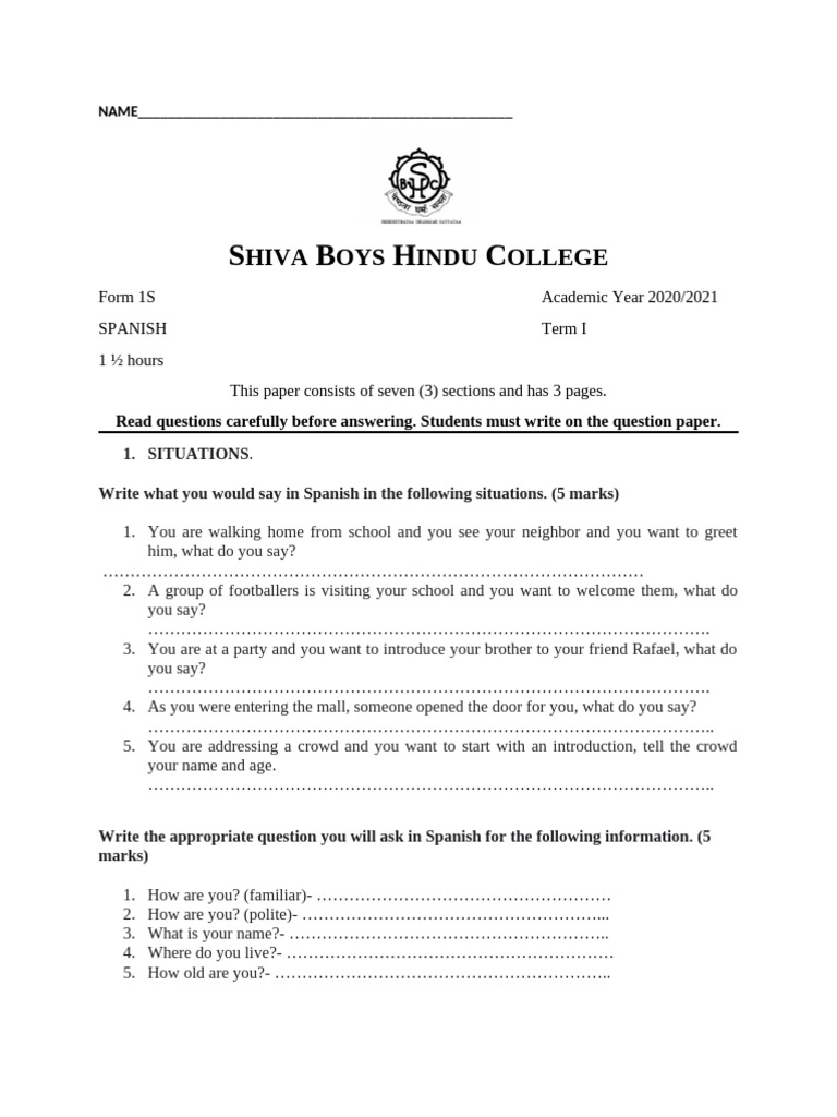 Spanish Mock Exam for Form 1S | PDF
