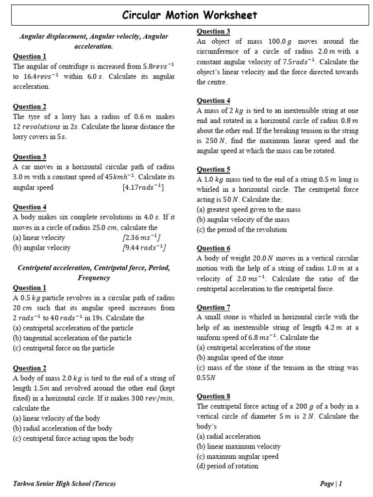 Circular Motion Calculations Worksheet | PDF | Acceleration | Force