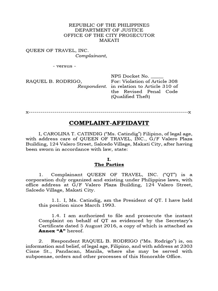 01 - Complaint-Affidavit (Qualified Theft) | PDF | Accounts Payable | Theft