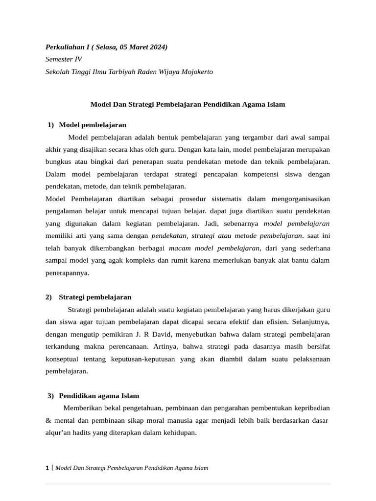 Materi 1 - Model Dan Strategi Pembelajaran PAI - Smt.4 - 2024 | PDF