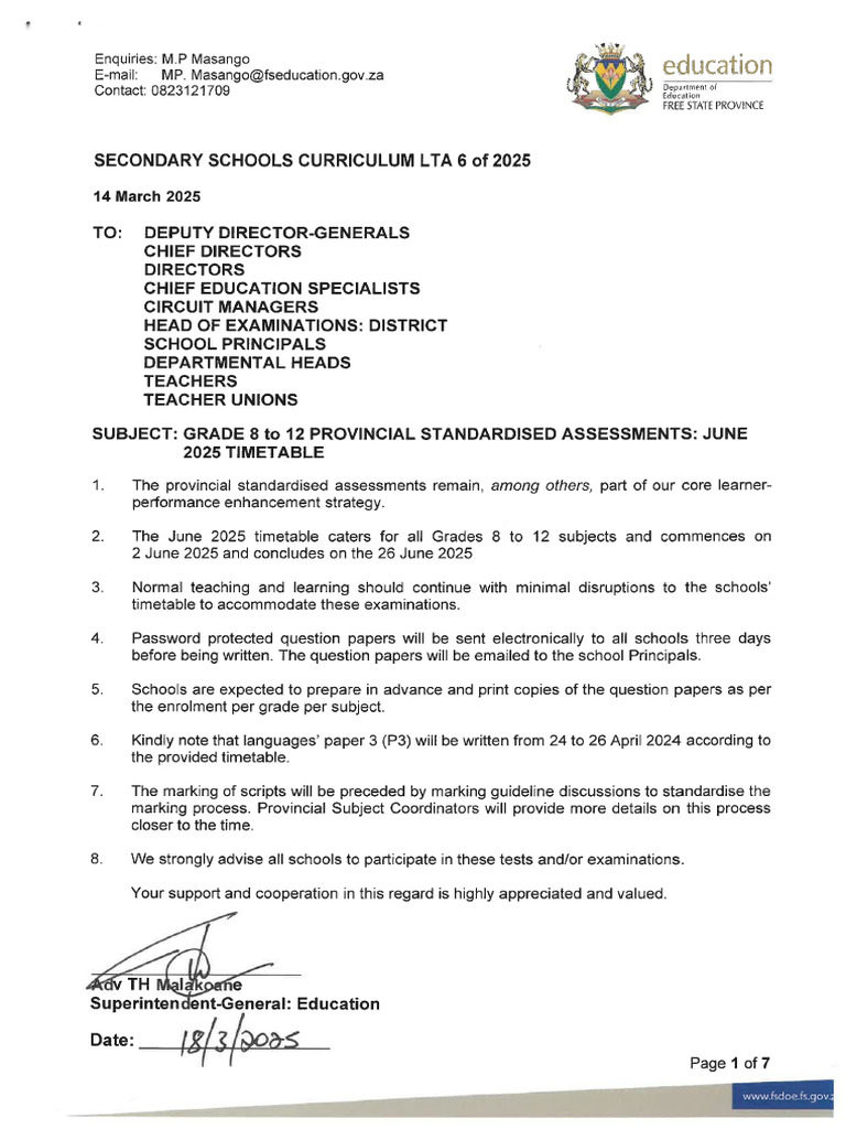 LTA 6 of 2025 Grade 8-12 Provincial Standardised Assessments (June 2025 Timetable) | PDF
