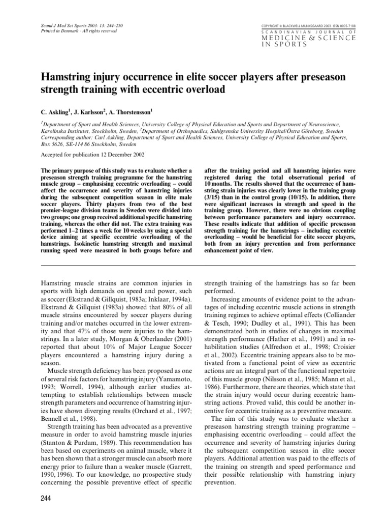 Askling C, Karisson J, Thorstensson A. Hamstring Injury Occurrence in ...