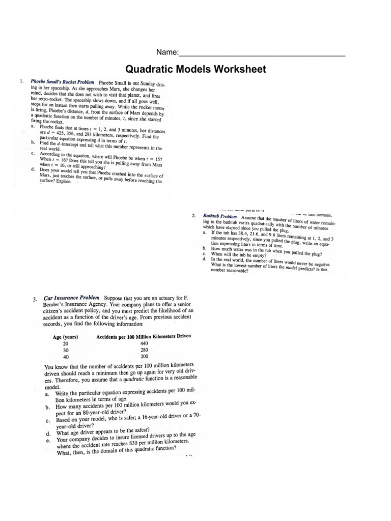 Quadractic Models Wksheet | PDF