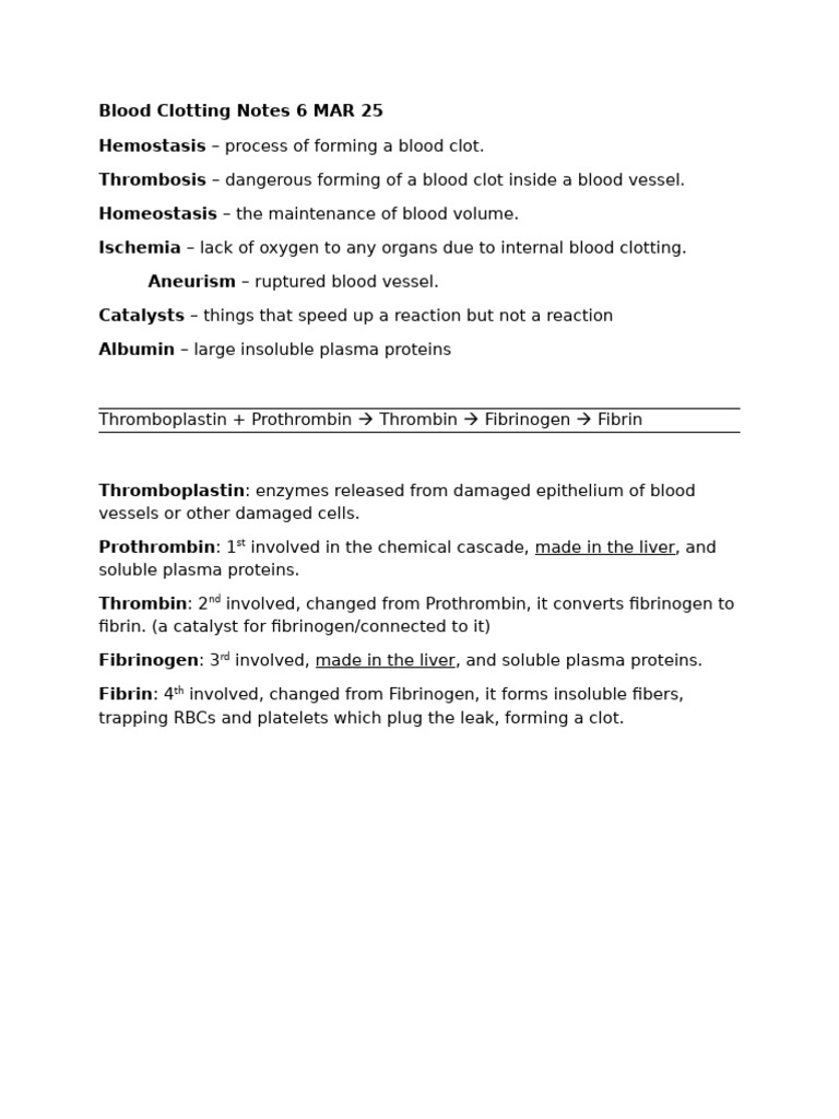 Blood Clotting Notes 6 MAR 25 | PDF