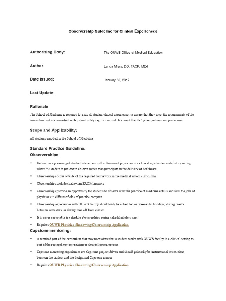 observership-guideline-for-clinical-experiences | PDF | Medical School ...