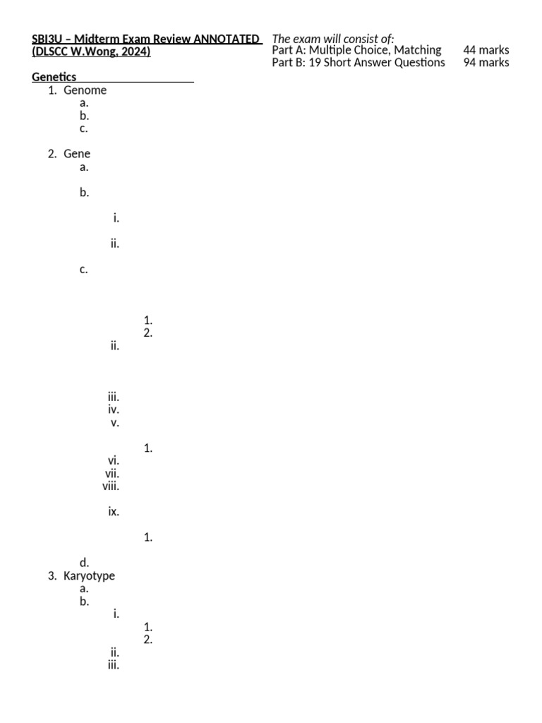 SBI3U Genetics Midterm Exam Review | PDF | Meiosis | Zygosity