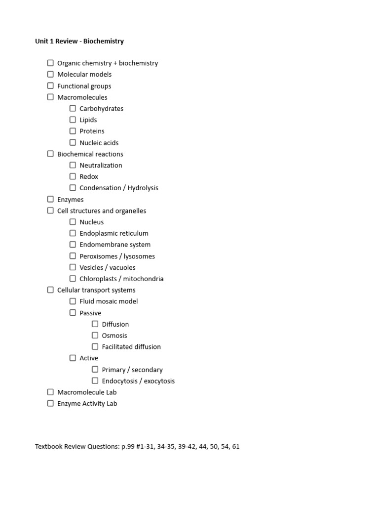Unit 1 Review - Biochemistry | PDF