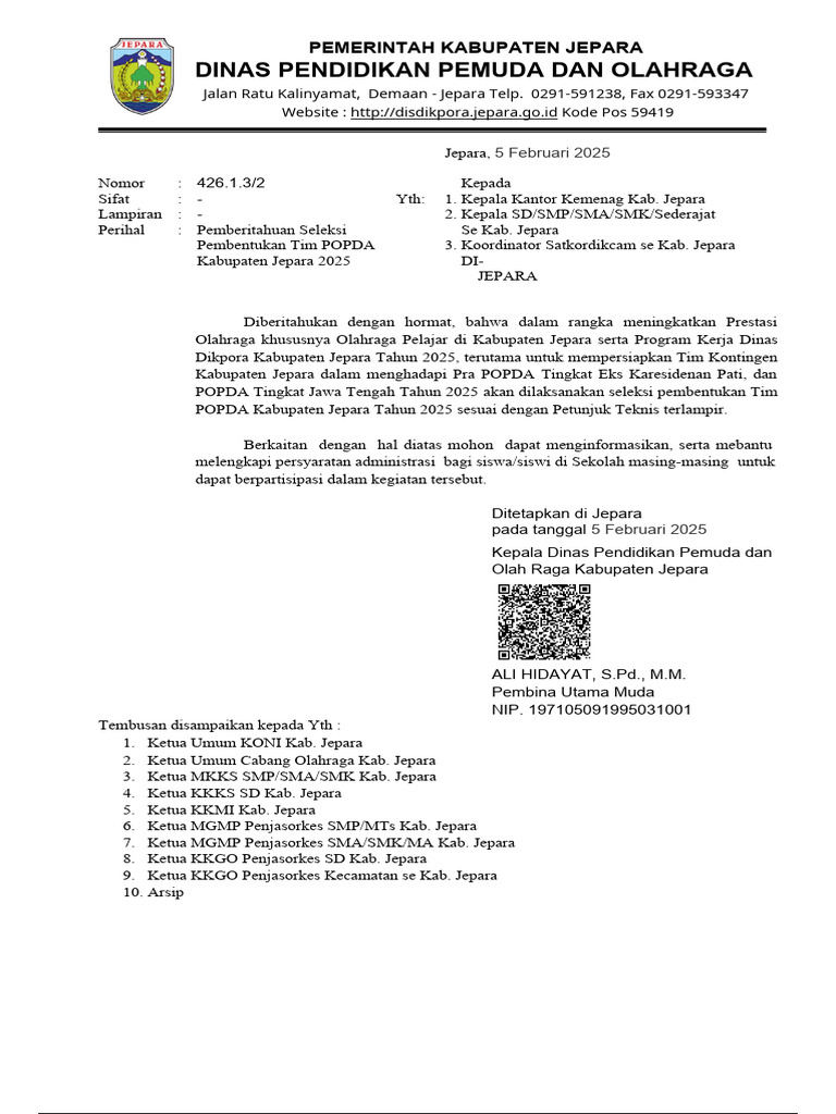 Edaran Seleksi Pembentukan Tim POPDA Kabupaten Jepara 2025 | PDF