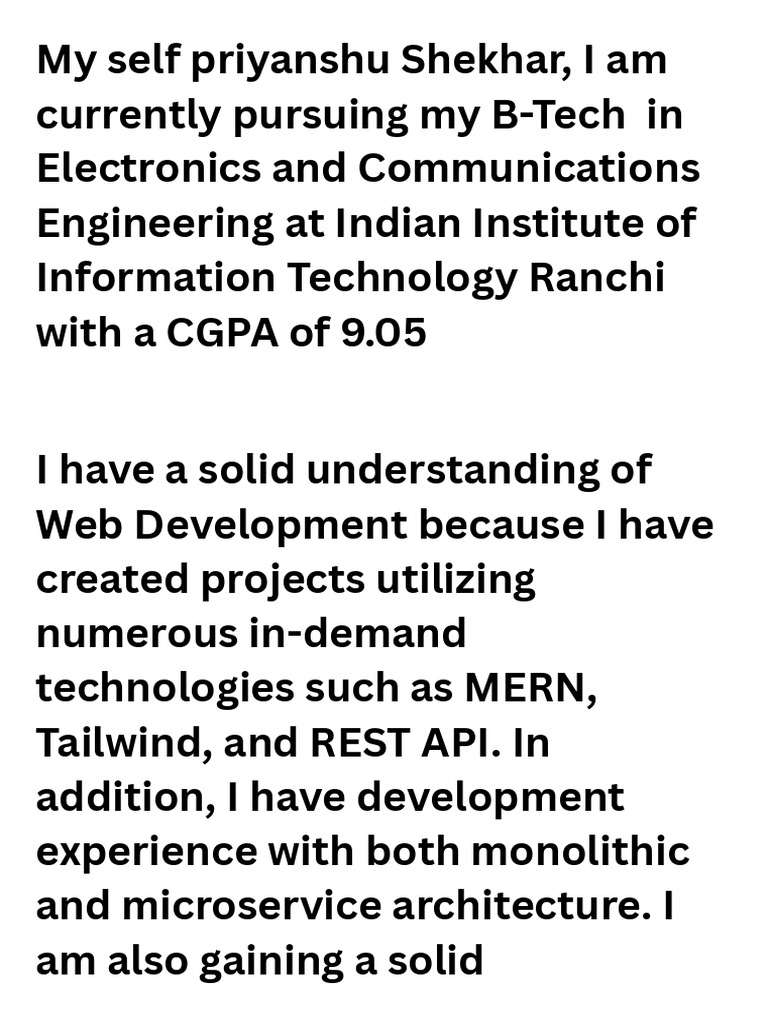 My Self Priyanshu Shekhar, I Am Currently Pursuing My B-Tech in Electronics and Communications ...