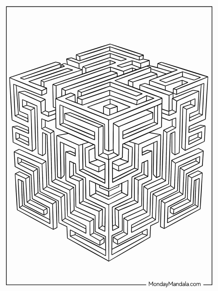 Large Geometric Cube Maze Coloring Sheet | PDF