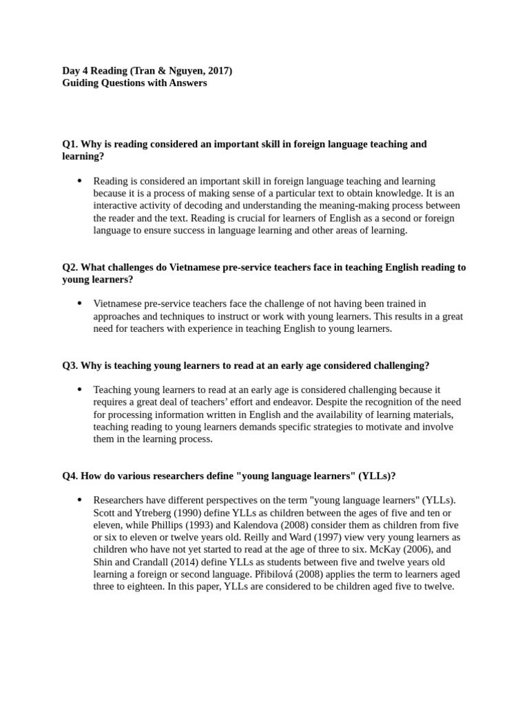 Day 4 - Guiding Questions With Answers | PDF | Learning | Reading ...