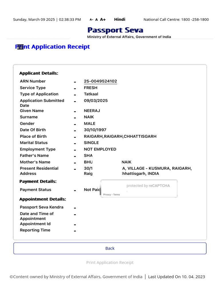 Passport Application Receipt for Neeraj Naik | PDF