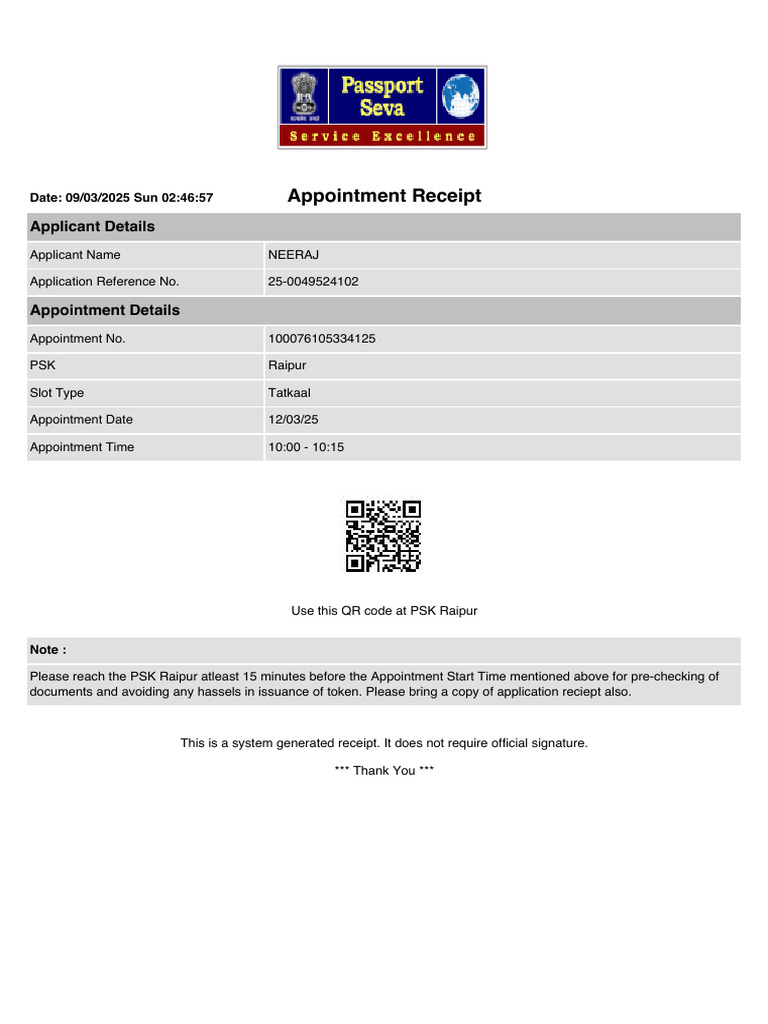 Appointment Receipt for PSK Raipur | PDF