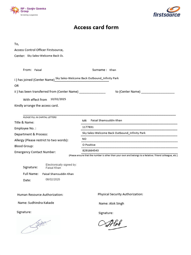 Access Card Form | PDF