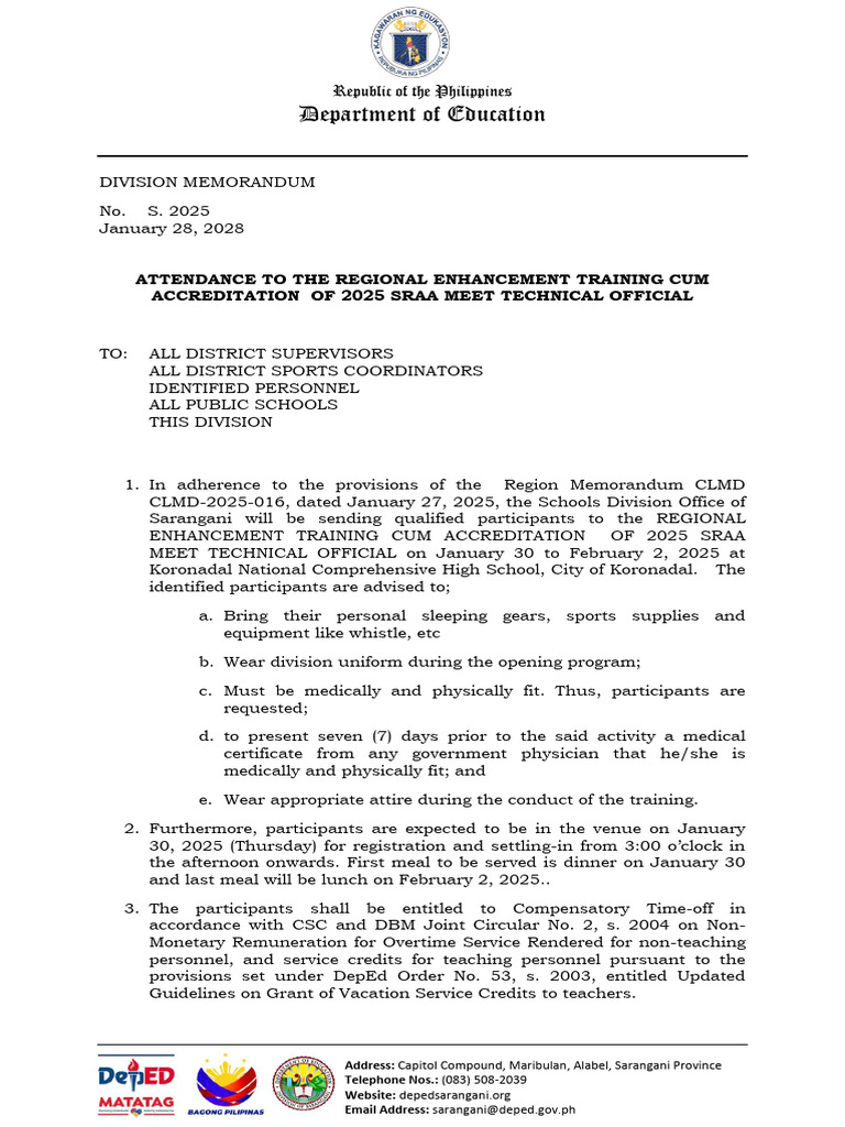 2025 SRAA Meet Training Memo | PDF