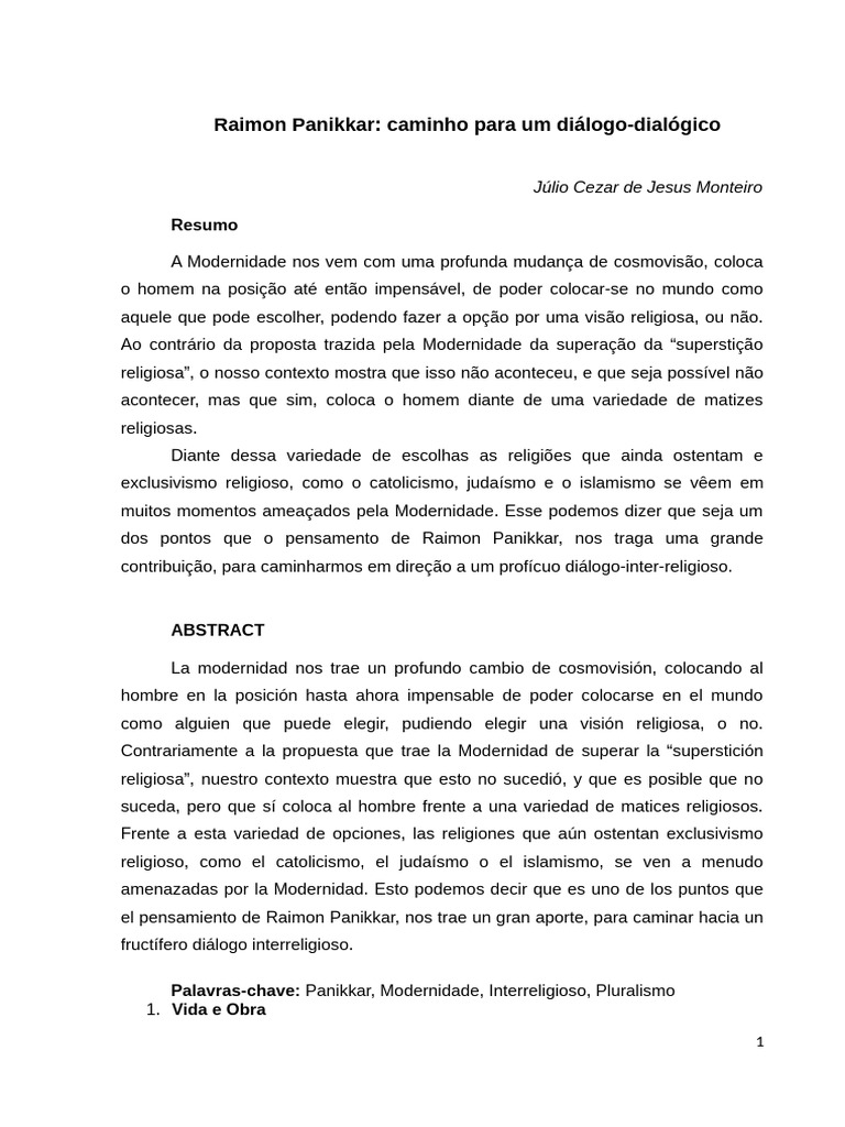 Diálogo Inter-religioso com Panikkar | PDF | Pensamento | Fé