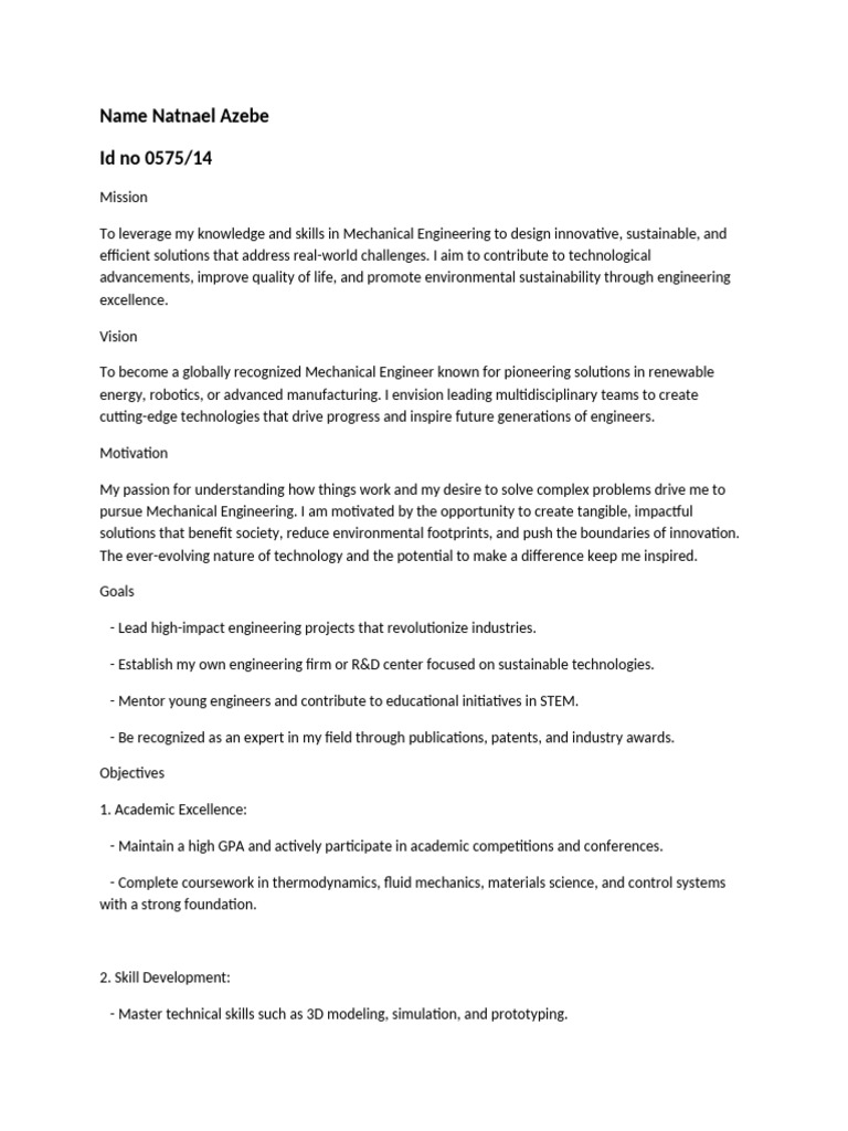 Mechanical Engineer Career Goals & Vision | PDF
