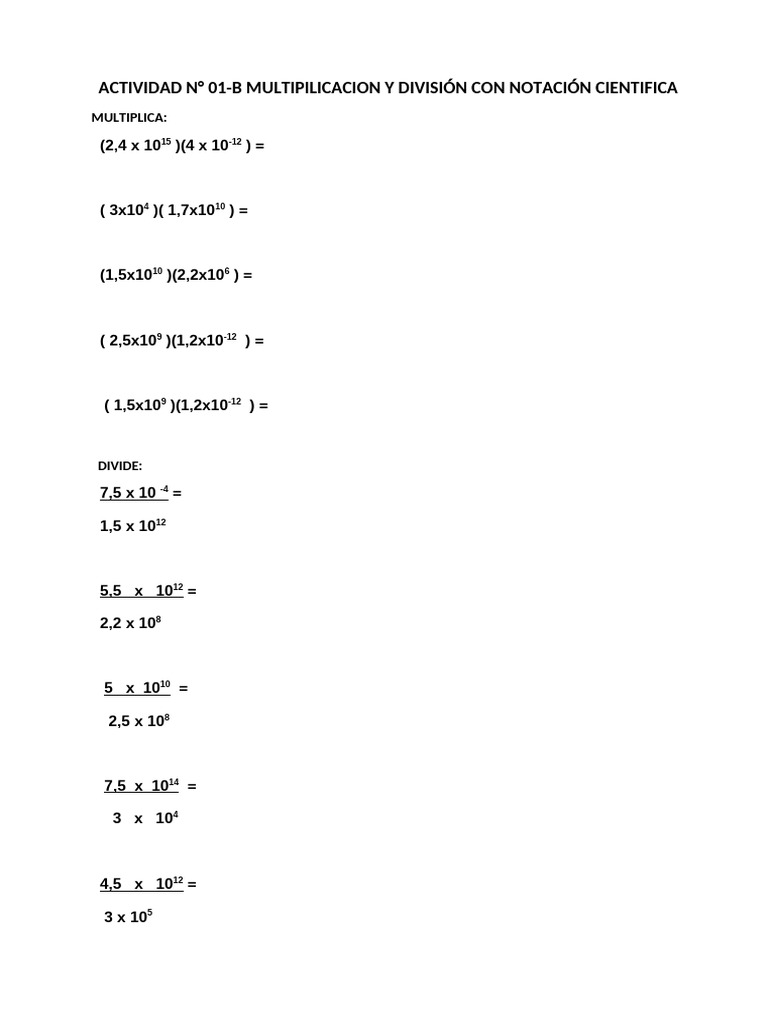 Multiplicacion y Division Con Notacion Cientifica | PDF