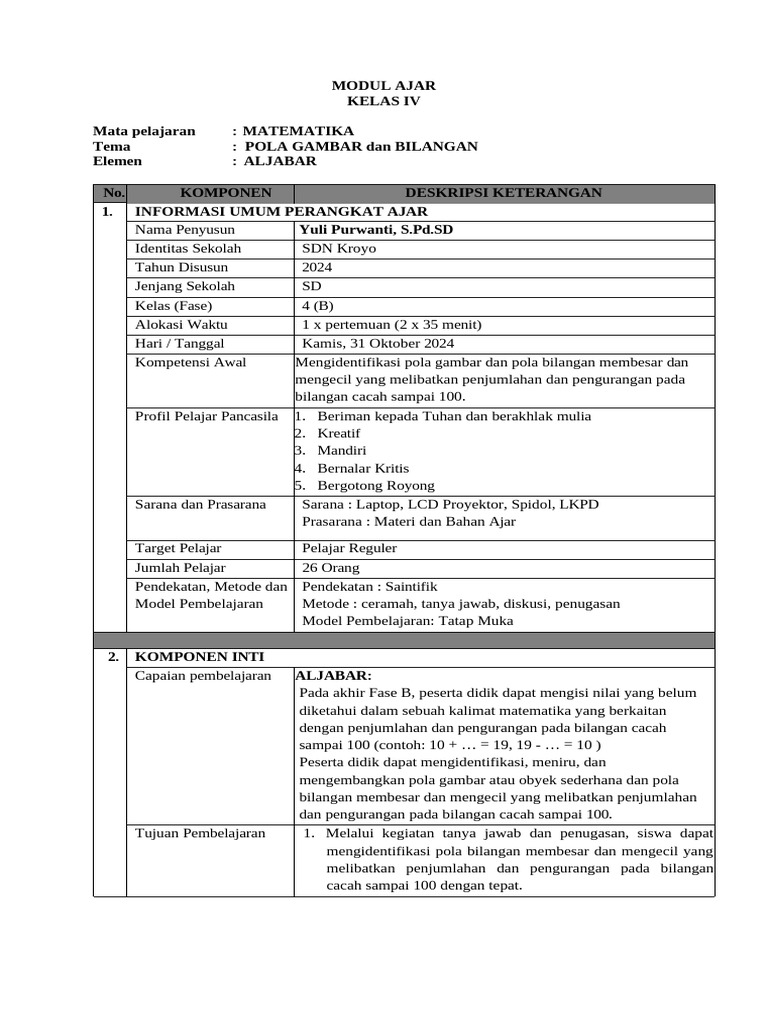 Modul Ajar Matematika Pola Bilangan Kelas 4 | PDF