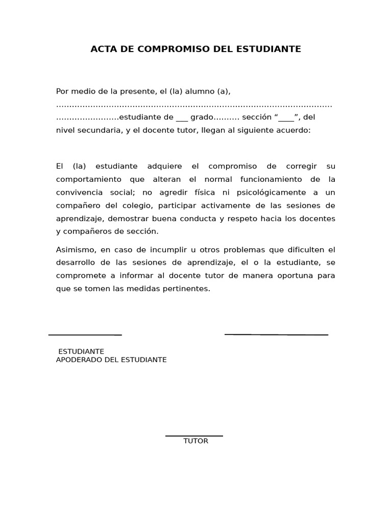 Acta de Compromiso Del Estudiante | PDF